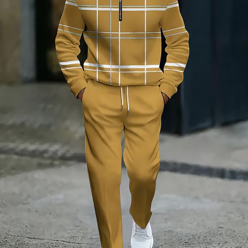 temu | TEMU 2025 Autumn New Khaki Striped Men's Casual Sports Suit ...