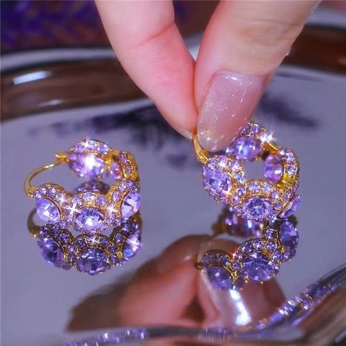 temu | TEMU 1 Pair Of Elegant Purple Hoop Earrings - Golden-tone Alloy ...