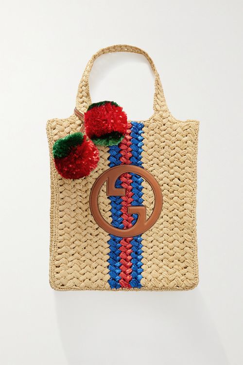 Gucci | Embellished Leather-trimmed Crocheted Raffia Tote - Beige - One ...