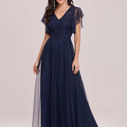 milanoo.com | Ink Blue Prom Dress A-Line V-Neck Tulle Short Sleeves ...