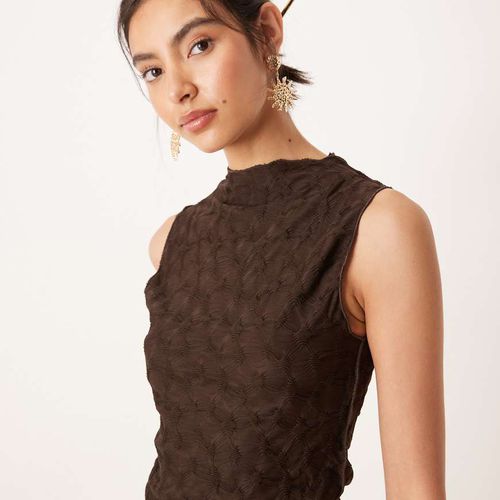 Mango | slim fit high neck textured top in chocolate brown | Realry