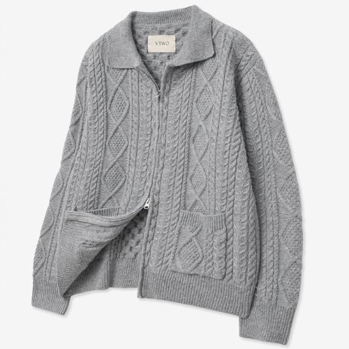 v2 | Cable Two Way Cara Knit Zip-up_Gray | Realry