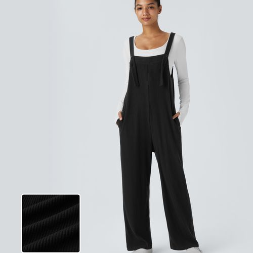 Halara | Ribbed Knit Pocket Casual Overalls - Black | Realry