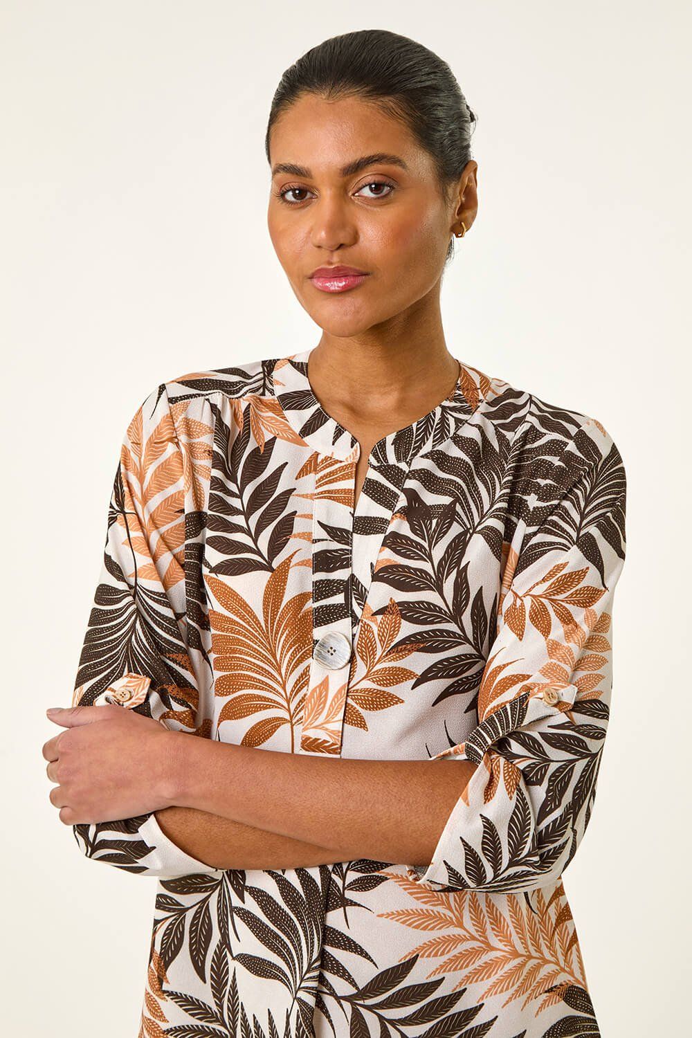 Roman | Roman Leaf Print V-Neck Stretch Shirt In Brown | Realry