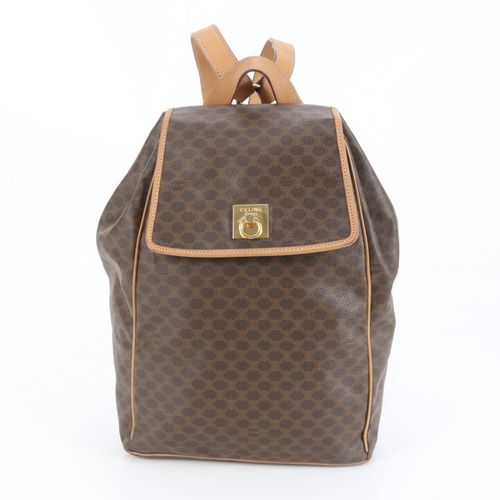 Celine | Celine Brown Leather Coated Canvas Backpack Shoulder Bag Pre ...